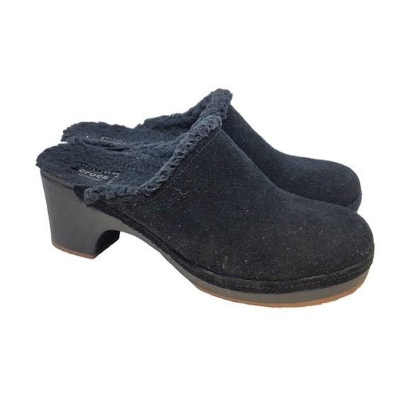 CROCS | Shoes | Crocs 8 Sarah Clog Black Heel Mule Suede Faux Shearling ...